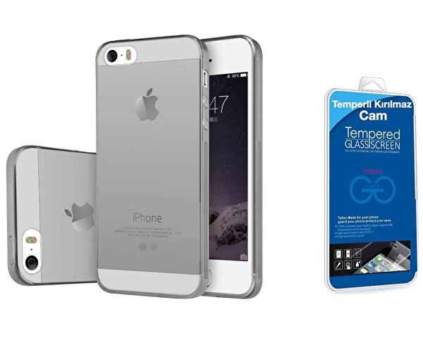 Teleplus iPhone SE Silikon Kılıf Şeffaf + Cam Ekran Koruyucu