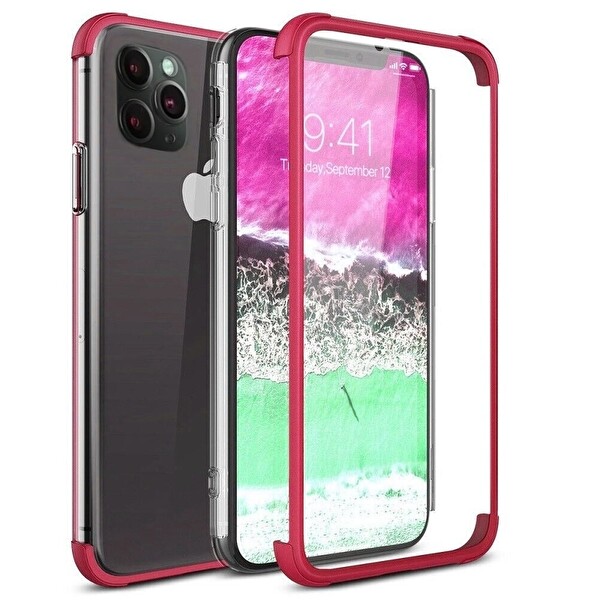 Teleplus iPhone 12 Kılıf 360 Ön Arka Cam Darbe Korumalı Silikon Kırmızı