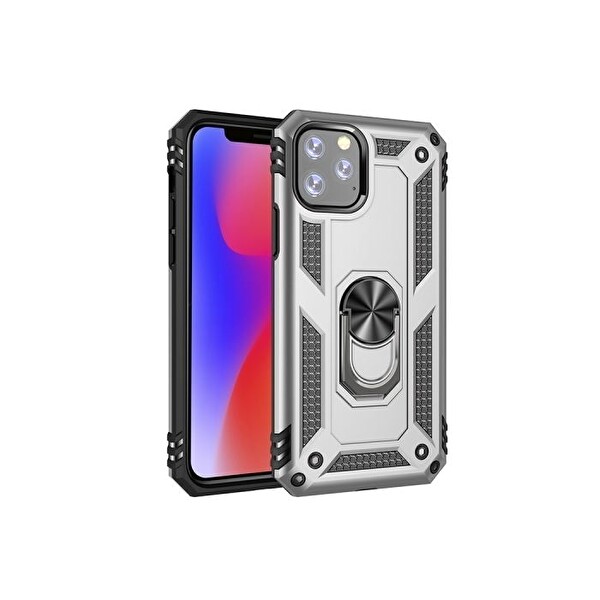 Teleplus iPhone 11 Pro Vega Yüzüklü Stantlı Kapak Gri Kılıf + Nano Glass Ekran Koruyucu