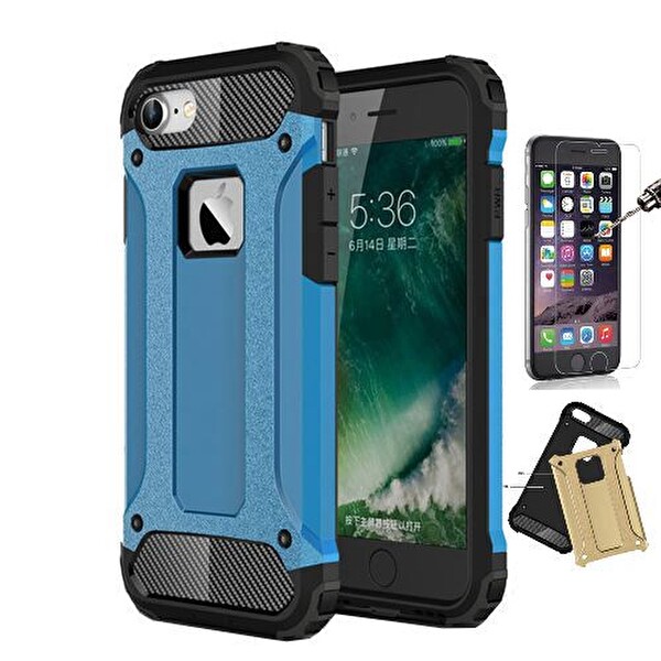 Teleplus iPhone 8 Çift Katmanlı Tank Kapak Kılıf Mavi + Cam Ekran Koruyucu