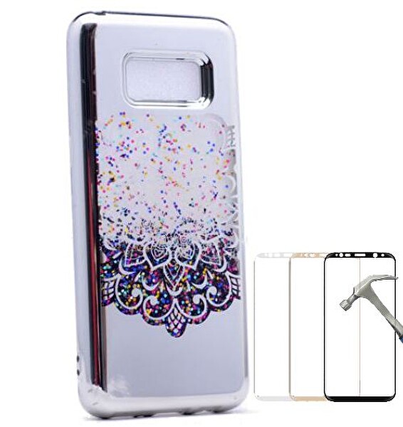 Teleplus Samsung Galaxy S8 Plus Sulu Desenli Silikon Kılıf Gümüş + Tam Kapatan Cam