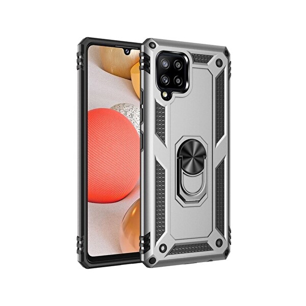 Teleplus Samsung Galaxy A12 Kılıf Vega Yüzüklü Standlı Tank Kapak Gümüş