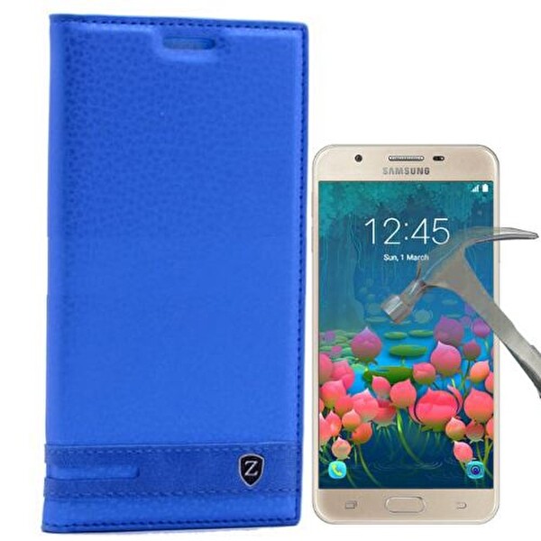 Teleplus Samsung Galaxy J7 Prime Lux Kapaklı Kılıf Mavi + Cam Ekran Koruyucu