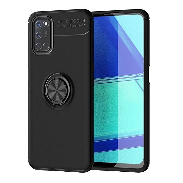 Teleplus Oppo A72 Kılıf Ravel Yüzüklü Standlı Silikon Siyah + Nano Ekran Koruyucu