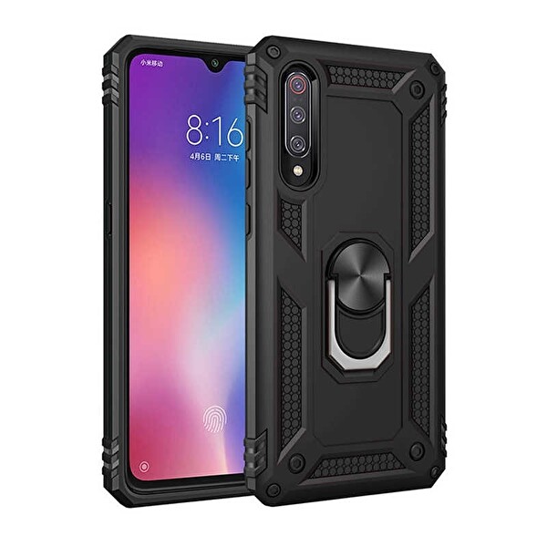 Teleplus Xiaomi Mi9 Vega Yüzüklü Tank Kapak Siyah Kılıf + Nano Ekran Koruyucu