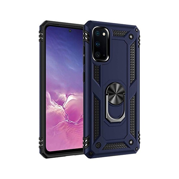 Teleplus Samsung Galaxy S20 Plus Kılıf Vega Yüzüklü Standlı Tank Kapak Lacivert