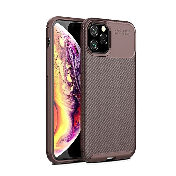 Teleplus iPhone 12 Pro Max Negro Karbon Silikon Kahverengi Kılıf + Tam Kapatan Ekran Koruyucu