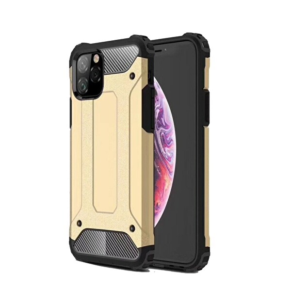 Teleplus iPhone 11 Pro Max Kılıf Çift Katmanlı Tank Kapak Gold + Tam Kapatan Cam