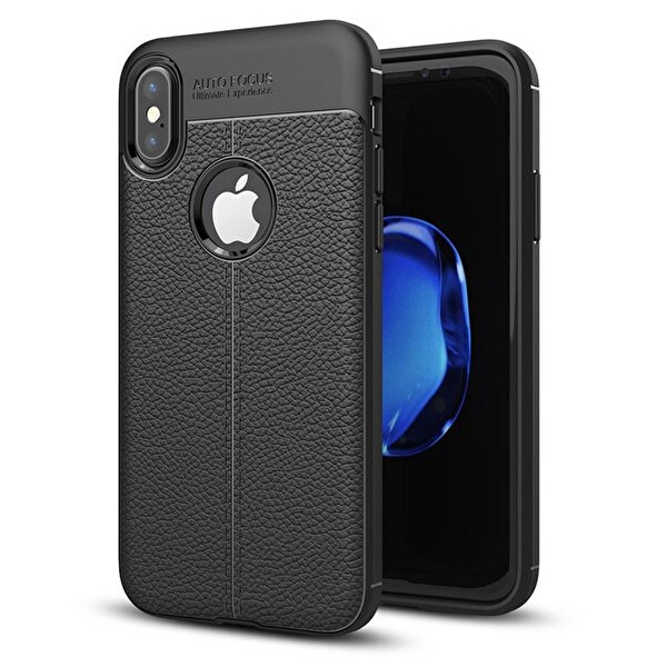 Teleplus iPhone X Kılıf Deri Dokulu Silikon Siyah