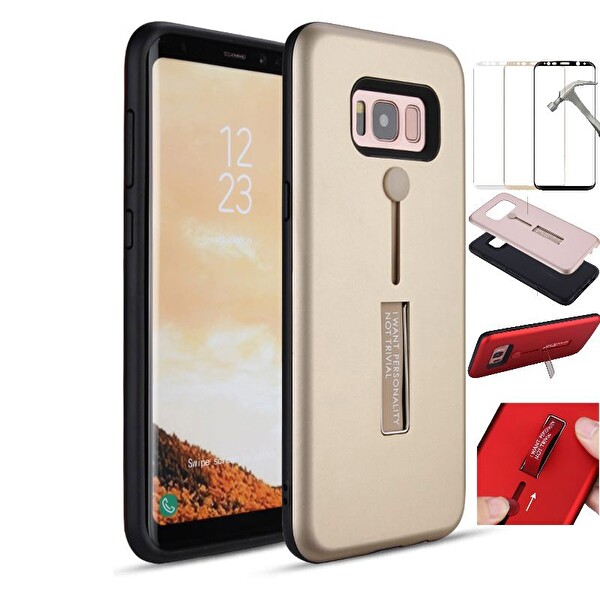 Teleplus Samsung Galaxy S8 Çift Katmanlı Ipli Kapak Gold + Tam Kapatan Cam
