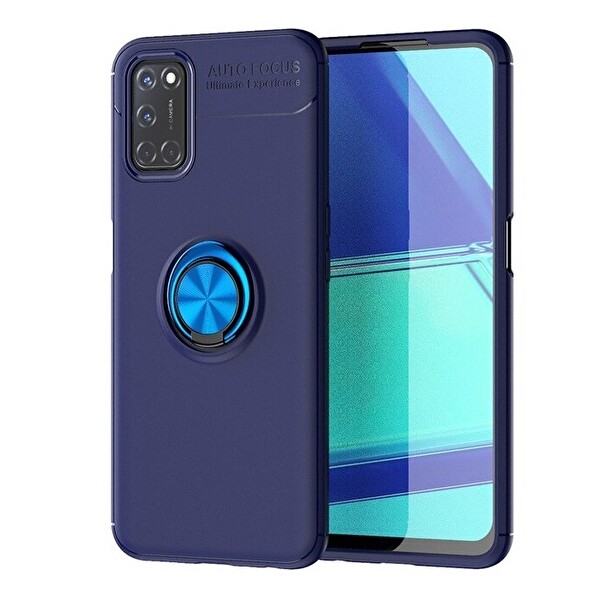Teleplus Oppo A52 Kılıf Ravel Yüzüklü Standlı Silikon Lacivert + Nano Ekran Koruyucu