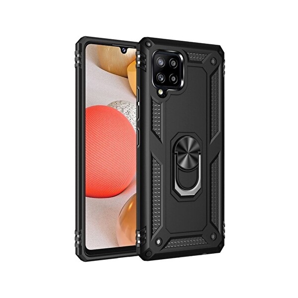 Teleplus Samsung Galaxy A12 Kılıf Vega Yüzüklü Standlı Tank Kapak Siyah + Nano Ekran Koruyucu