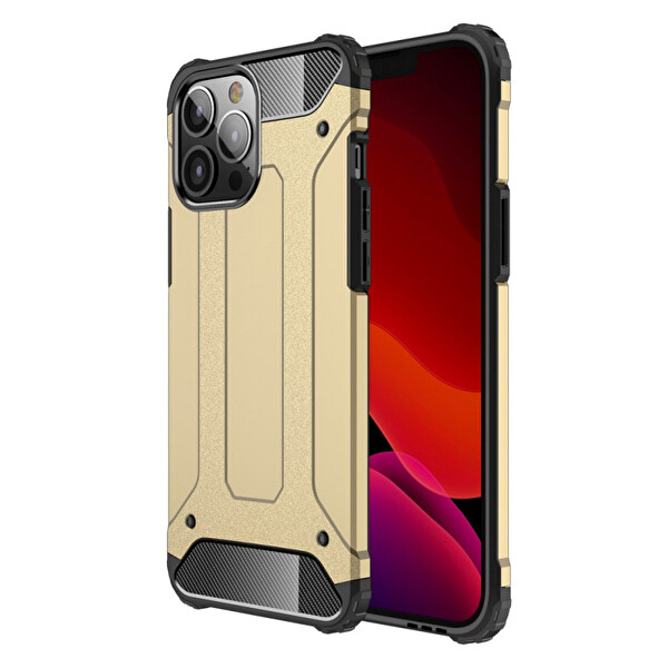 Teleplus iPhone 13 Pro Max Çift Katmanlı Tank Kapak Gold Kılıf + Nano Ekran Koruyucu + Kamera Koruyucu