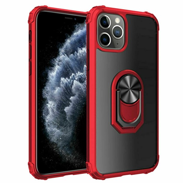 Teleplus iPhone 11 Pro Max Kılıf Korumalı Standlı Yüzüklü Tank Kapak Kırmızı