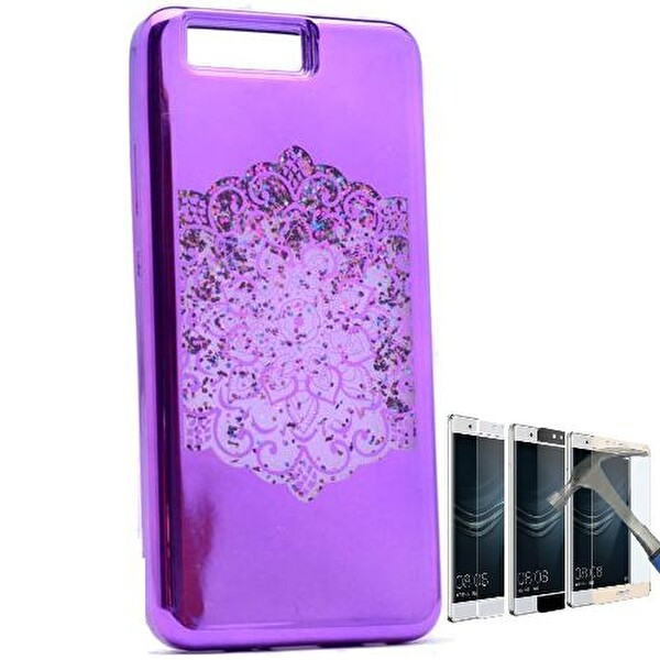 Teleplus Huawei P10 Plus Sulu Desenli Silikon Kılıf Mor + Tam Kapatan Cam