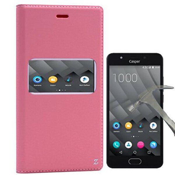 Teleplus Casper Via M2 Pencereli Lux Kılıf Pembe + Cam Ekran Koruyucu Teleplus Casper Via M2 Pencereli Lux Kılıf Pembe + Cam Ekran Koruyucu