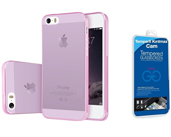 Teleplus iPhone SE Silikon Kılıf Pembe + Cam Ekran Koruyucu