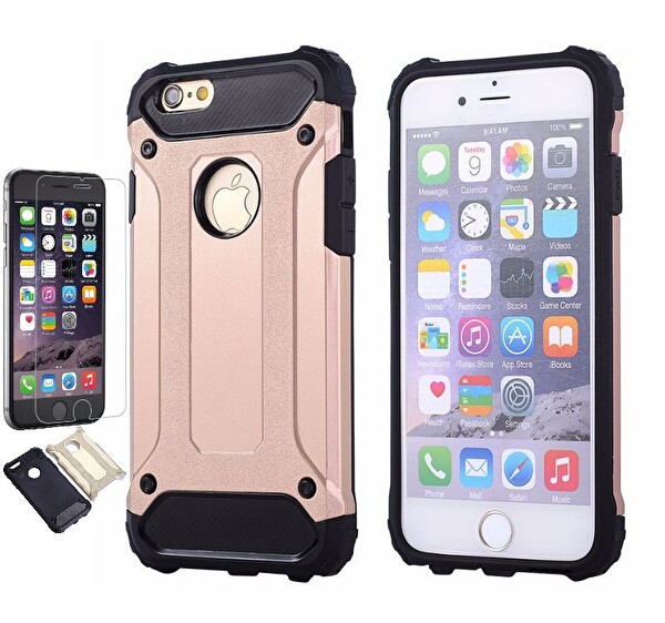 Teleplus iPhone 6 Plus Çift Katmanlı Tank Kapak Kılıf Rose Gold + Cam Ekran Koruyucu