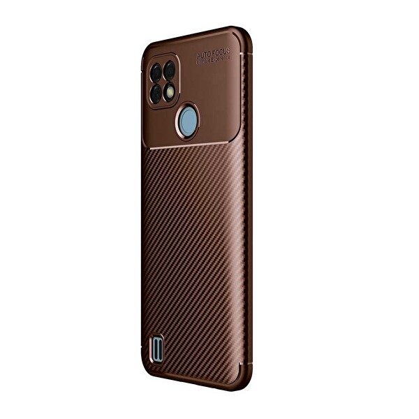 Teleplus Realme C21 Kamera Korumalı Karbon Dokulu Negro Silikon Kahverengi Kılıf