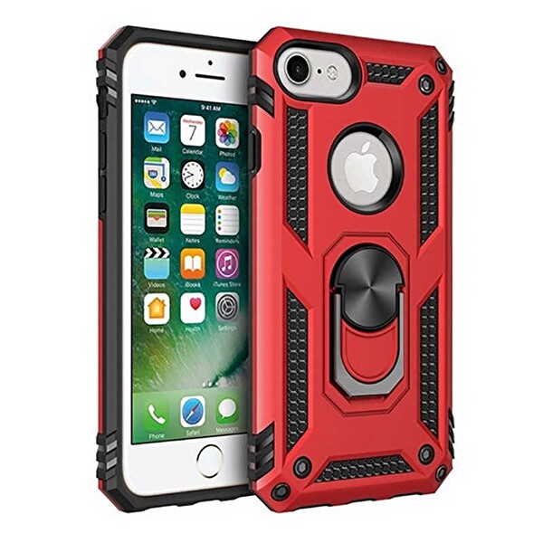 Teleplus iPhone SE Vega Yüzüklü Tank Kapak Kırmızı Kılıf + Nano Glass Ekran Koruyucu