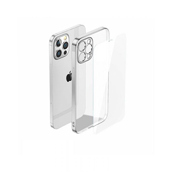 Teleplus iPhone 12 Pro Max Kılıf G-Box Kamera Korumalı Lazer Silikon Gümüş + Nano Ekran Koruyucu