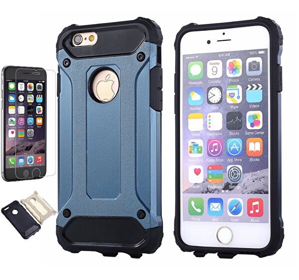 Teleplus iPhone 6 Çift Katmanlı Tank Kapak Kılıf Mavi + Cam Ekran Koruyucu