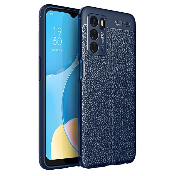 Teleplus Oppo A16 Kamera Korumalı Deri Dokulu Silikon Lacivert Kılıf + Nano Glass Ekran Koruyucu