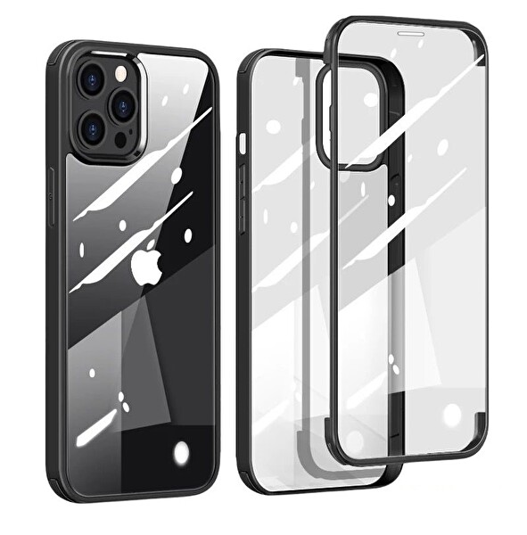 Teleplus iPhone 13 Pro Max 360 Ön Arka Cam Dor Kapak Silikon Siyah Kılıf