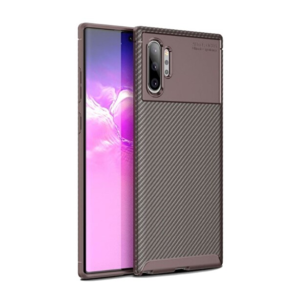 Teleplus Samsung Galaxy Note 10 Plus Negro Karbon Dokulu Silikon Kahverengi Telefon Kılıfı