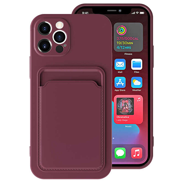 Teleplus iPhone 12 Pro Lüks Ofix Kartlıklı Slim Silikon Bordo Kılıf
