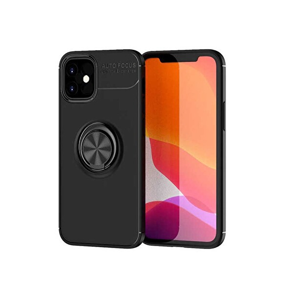 Gpack Apple iPhone 12 Kılıf Ravel Silikon Yüzüklü Mıknatıslı Siyah