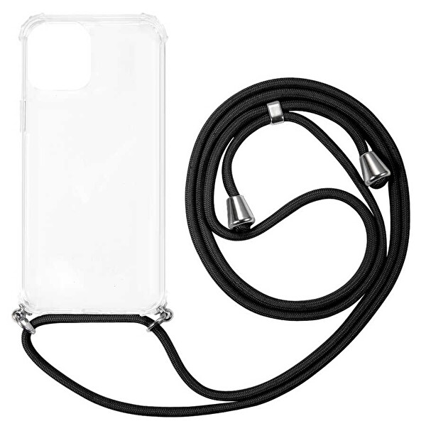 Gpack Apple iPhone 12 Kılıf Boyna Askılı Ayarlanabilir Şeffaf Silikon Siyah