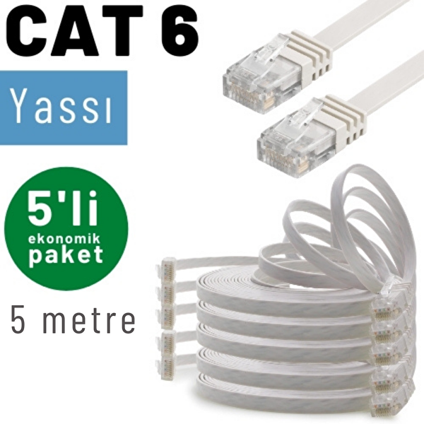 Irenis 5 Adet 5 Metre CAT6 Kablo Yassı Ethernet Network Lan Ağ İnternet Kablosu Beyaz Fiyatı ve ...