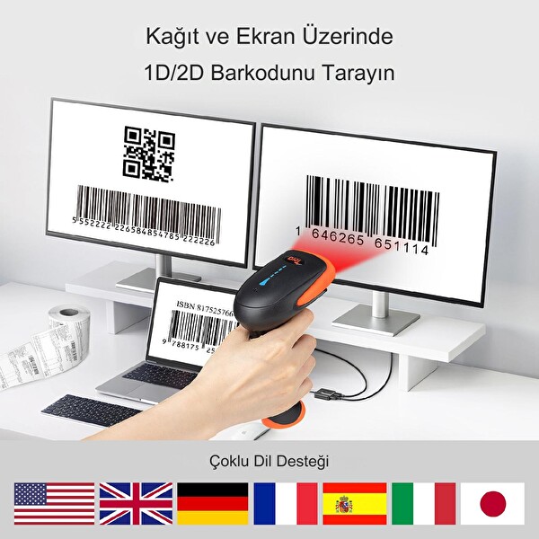 Tera Pro Kablosuz 1D 2D QR Barkod Tarayıcı 3'ü 1 Arada Bluetooth ve 2.4G Kablosuz Barkod Okuyucu ...