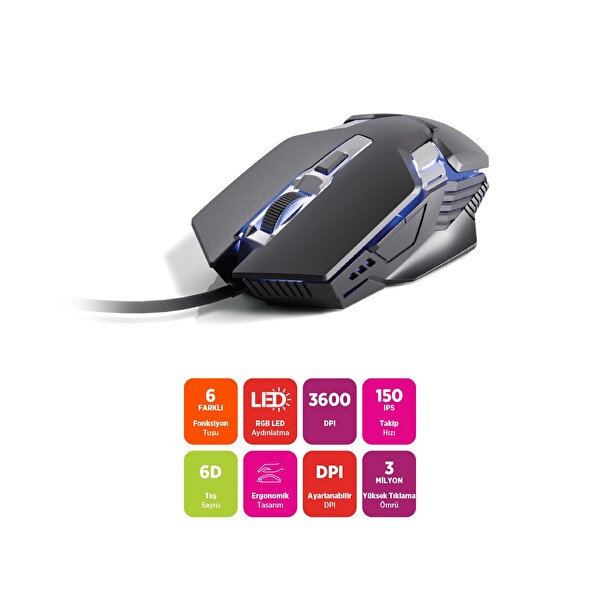 Polosmart PGM37 Kablolu RGB Led Aydınlatmalı 6 Tuşlu 3600DPI Gaming ...