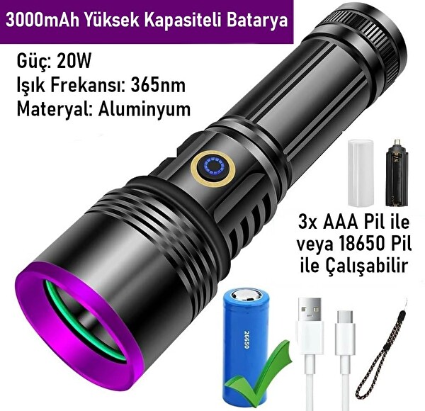Valkyrie 365nm 20W Güç 3000 mAh Şarjlı Alüminyum Gövde Profesyonel ...