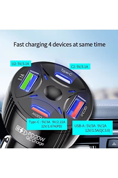Zuidid P48 4 in 1 PD20W - QC3.0 Hızlı Şarj Başlığı Uyumlu Araç İçi ...